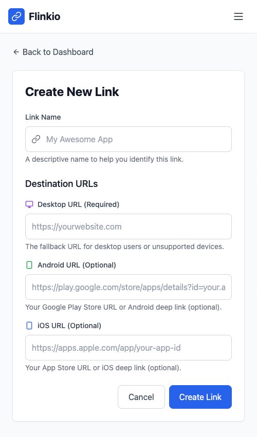 Flinkio - Free Dynamic Links Platform