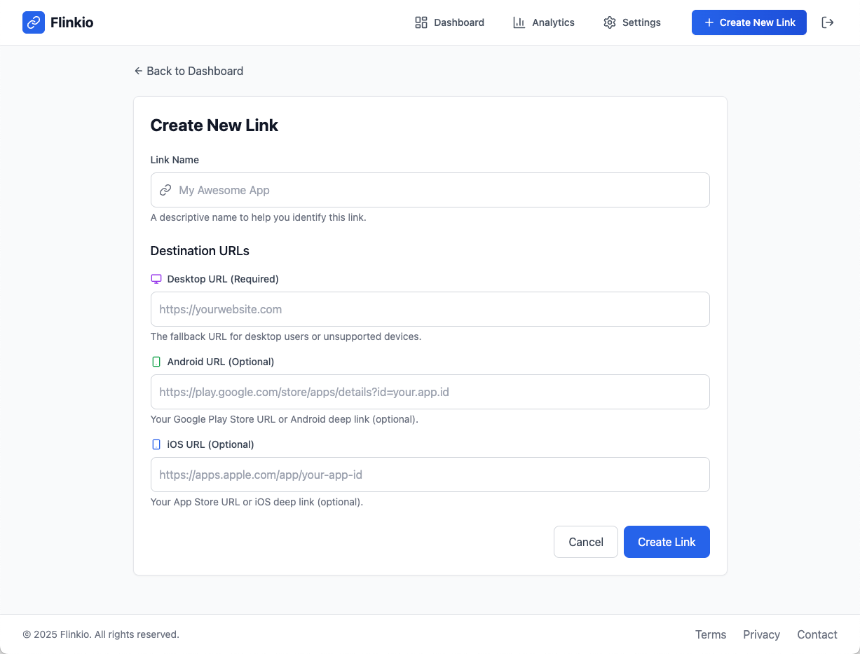 Flinkio - Free Dynamic Links Platform